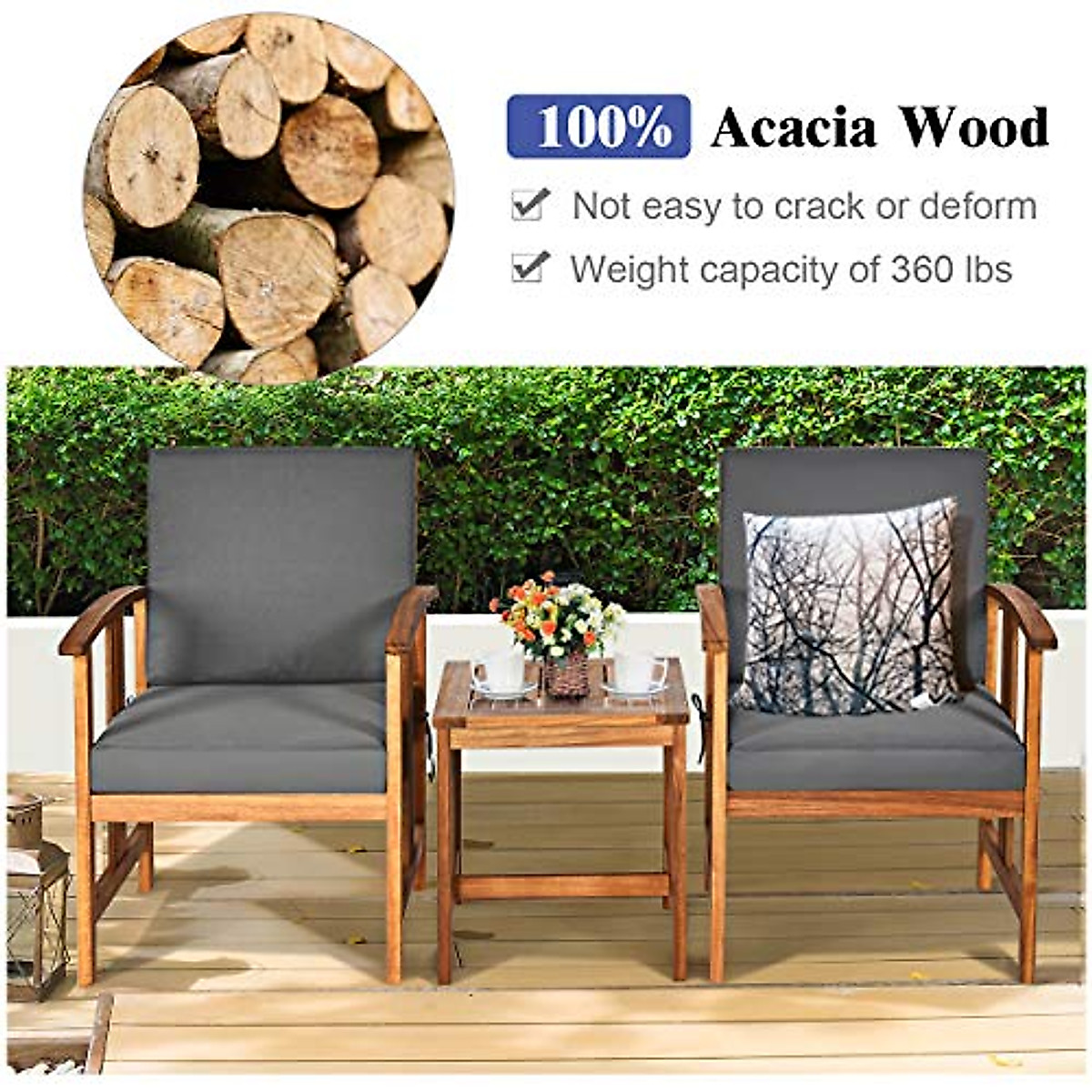 Tangkula 3 Pieces Patio Furniture Set, Includes Set of 2 Outdoor Acacia Wood Cushioned Chairs and Coffee Table, for Garden, Backyard, Poolside, Bistro and Deck, Patio Conversation Chat Set (Gray)