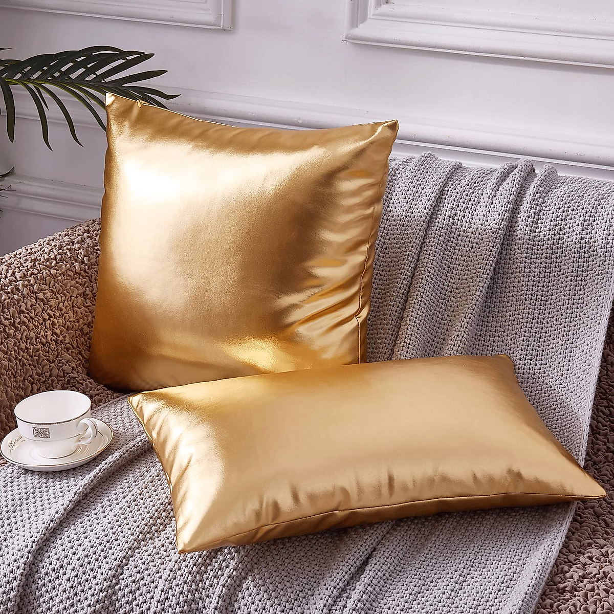 EUCIOR Decorative Pillow - 18x18 Gold Metallic Shiny Cushion Cover, Modern Throw Pillows for Bed, Couch, Sofa