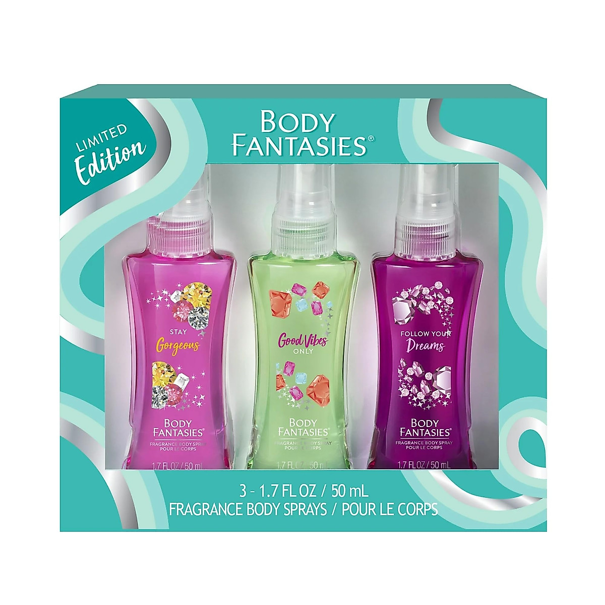 Body Fantasies (1) Box Fragrance Body Sprays 3pc Limited Edition Set - Scents: Stay Gorgeous, Good Vibes Only, Follow Your Dreams - 1.7 fl oz each Spray Bottle