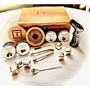 Cocktail Smoker Kit - Bourbon/Whiskey/Brandy Old Fashioned Smoker Kit with Torch, Four (4) Types of Natural Wood Chips, Stainless Ice Stones, and More - Gift for Men