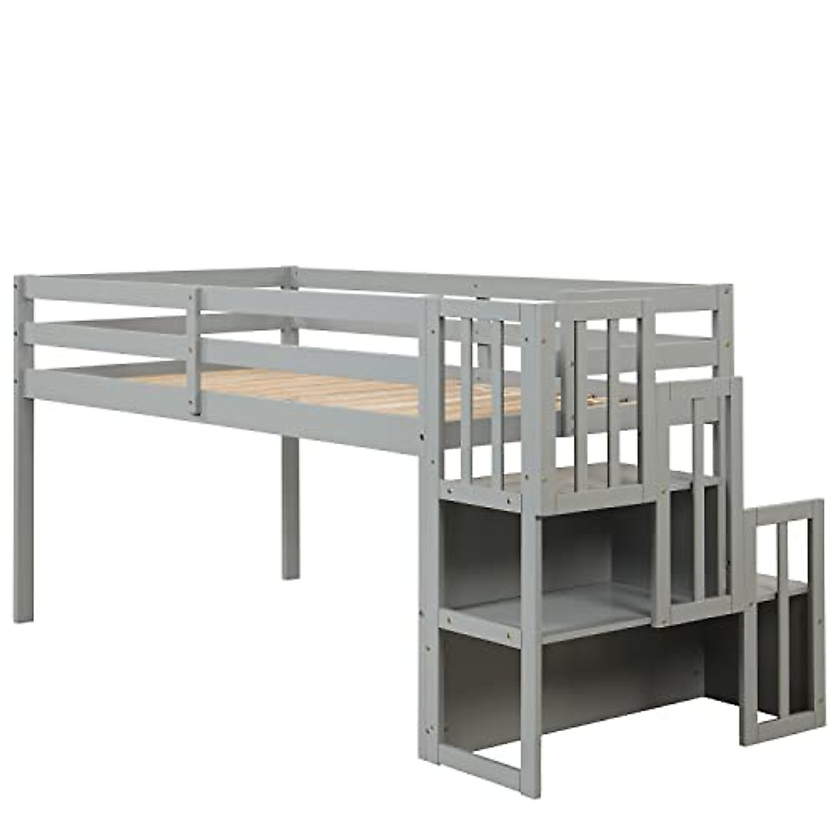 HomSof Loft Bed with Stairs and Storage,Gray