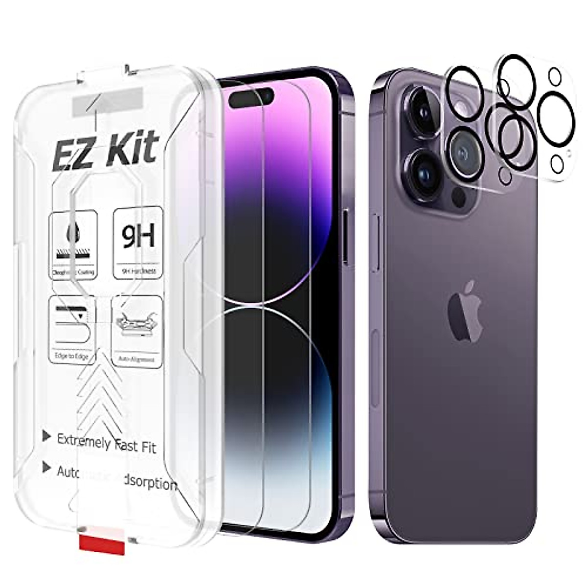 Fabunor Screen Protector Tempered Glass Compatible with iPhone 14 Pro Max (6.7 inch, 2022) with Camera Lens Protector, [9H Hardness] [EZ Kit] [Automatic Alignment] [Compatible with Face ID] -2+2 Pack