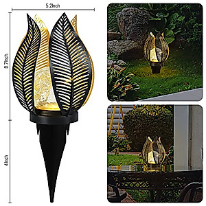 Garden Solar Lights Pathway Outdoor Palm Leaf Crackle Glass Globe Metal Flower Lights,Waterproof Garden Lights Decorations for Tabletop Patio Yards Walkway Party