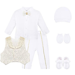 Lilax Baby Boys Newborn Gentleman Outfit Long Sleeve White Shirt with Vest and Pant 6 Piece Set 0-3 Gold