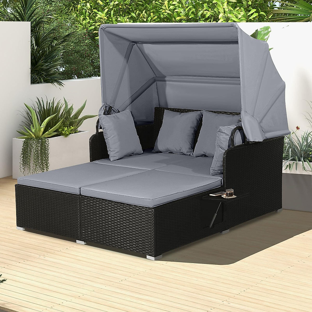 Tangkula Patio Rattan Daybed with Retractable Canopy, Patiojoy Wicker Sun Lounger with 2 Foldable Side Panels, Thick Seat & Back Cushions, for Garden, Backyard, Porch (Grey)