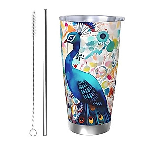 Color Peacock Tumbler with Lid and Straw 20oz Stainless Steel Car Cup for Hot and Cold Drinks, Double Wall Insulated Travel Coffee Mug Reusable Drink Thermos Cup Birthday Gifts