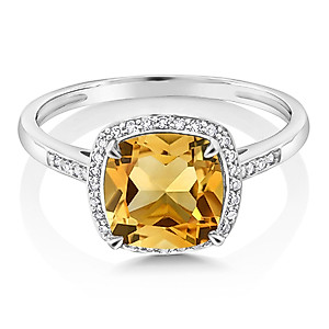 Gem Stone King 10K White Gold Cushion Cut 8MM Gemstone Birthstone and Accent Diamonds Halo Engagement Ring For Women | Wedding Anniversary Promise Ring For Women | Available In Size 5, 6, 7, 8, 9