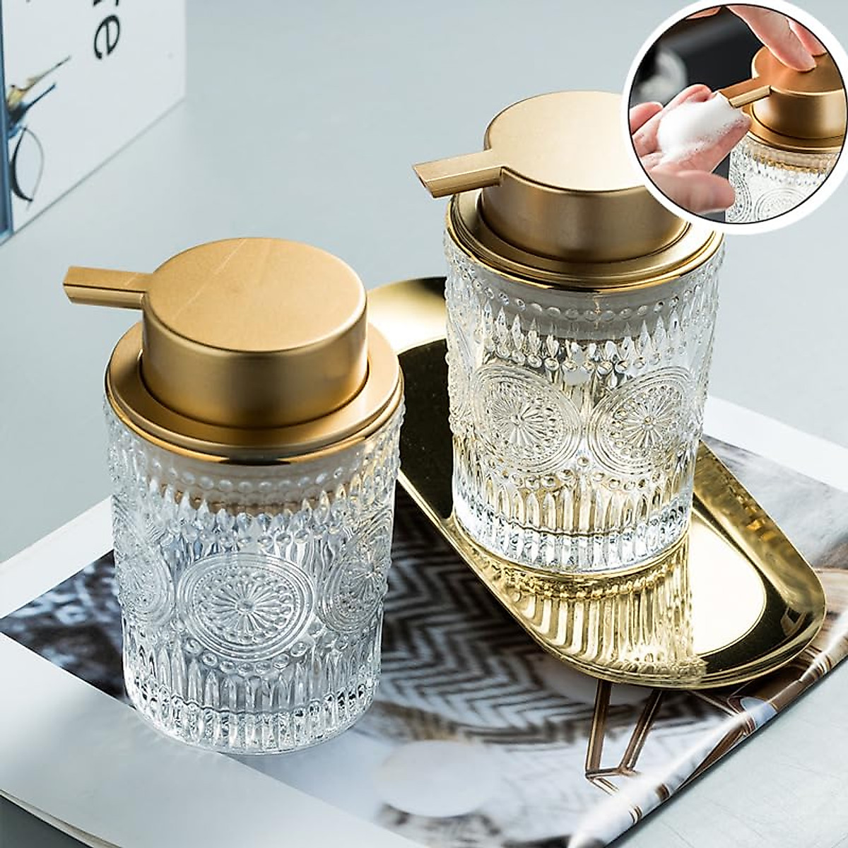 Hand Soap Dispenser Marble Dish Soap Dispenser Countertop Hand Lotion Pump Bottles Ceramic Lotion Container Refillable Liquid Hand Soap Jar Shower Dispenser (2 pcs Glass + Gold Tray)