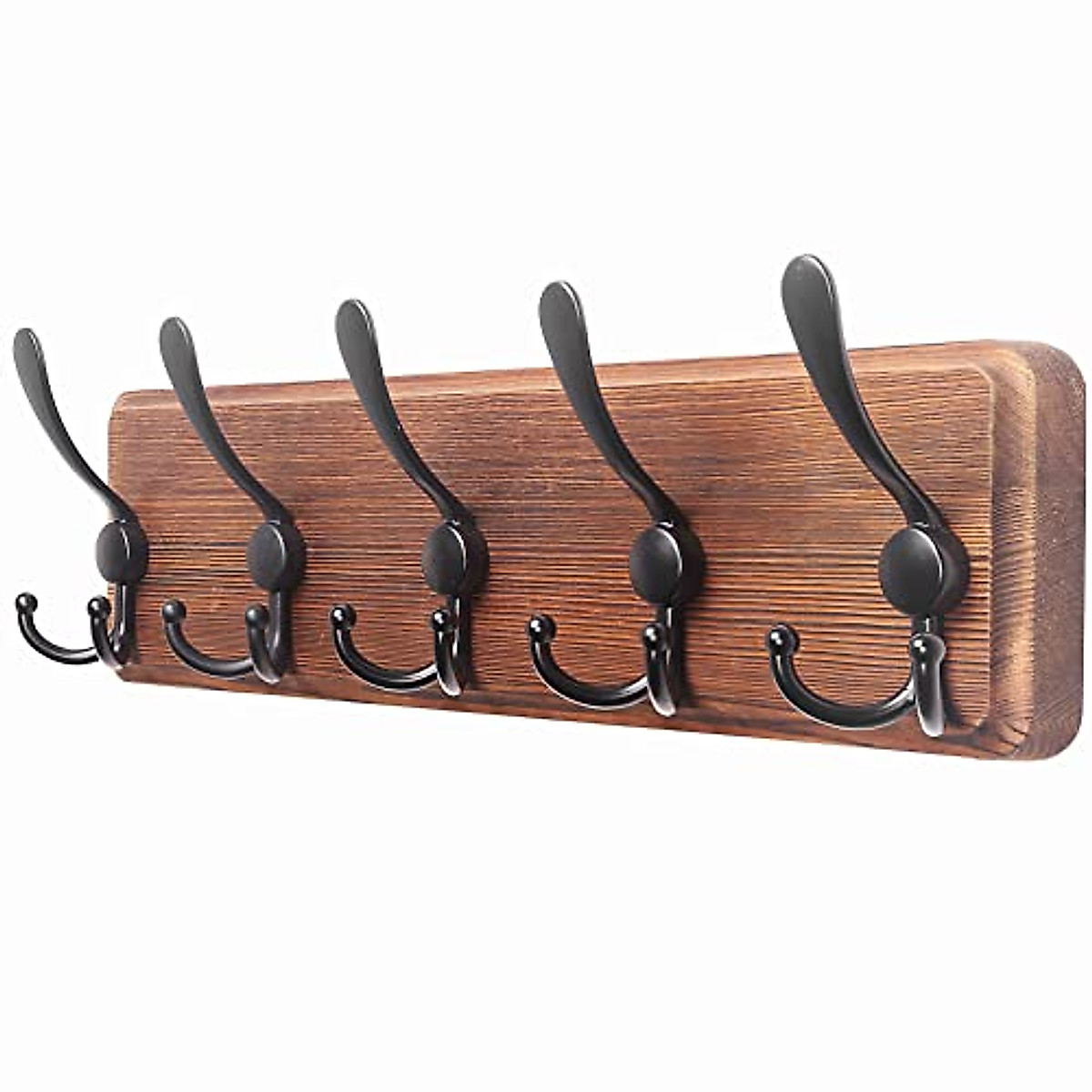Dseap Coat Rack Wall Mounted - 5 Tri Hooks, Heavy Duty, Wooden Wall Coat Hanger Coat Hook for Clothes Hat Jacket Clothing, Natural & Black