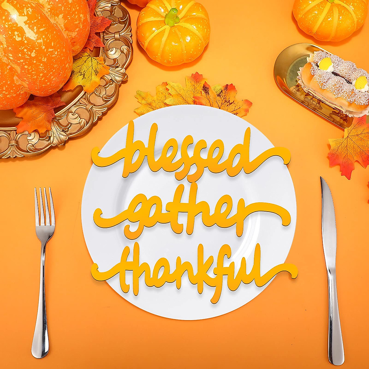 Yookeer 12 Pieces Thanksgiving Wood Cutouts Cards Fall Plate Decorations Thanksgiving Place Setting Thankful Grateful Blessed Family Joyful Wood Table Sign for Thanksgiving Dinner Decorations