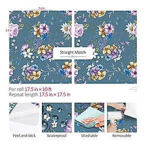 ReWallpaper Blue Floral Peel and Stick Wallpaper - Boho Modern Flower Pattern - Self Adhesive Contact Paper - Bod Wallpaper for Bedroom Bathroom 17.5inx10ft