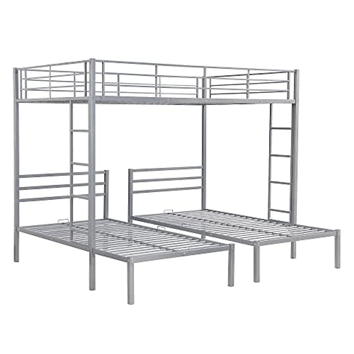 DEYOBED Full Over Twin & Twin Metal L-Shaped Triple Bed Bunk Bed with Built-in Shelf and 2 Ladders - Space-Saving and Organized Sleep Space for Kids, Teens, Adults