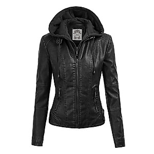 Made By Johnny MBJ WJC1044 Womens Faux Leather Quilted Motorcycle Jacket with Hoodie L BLACK