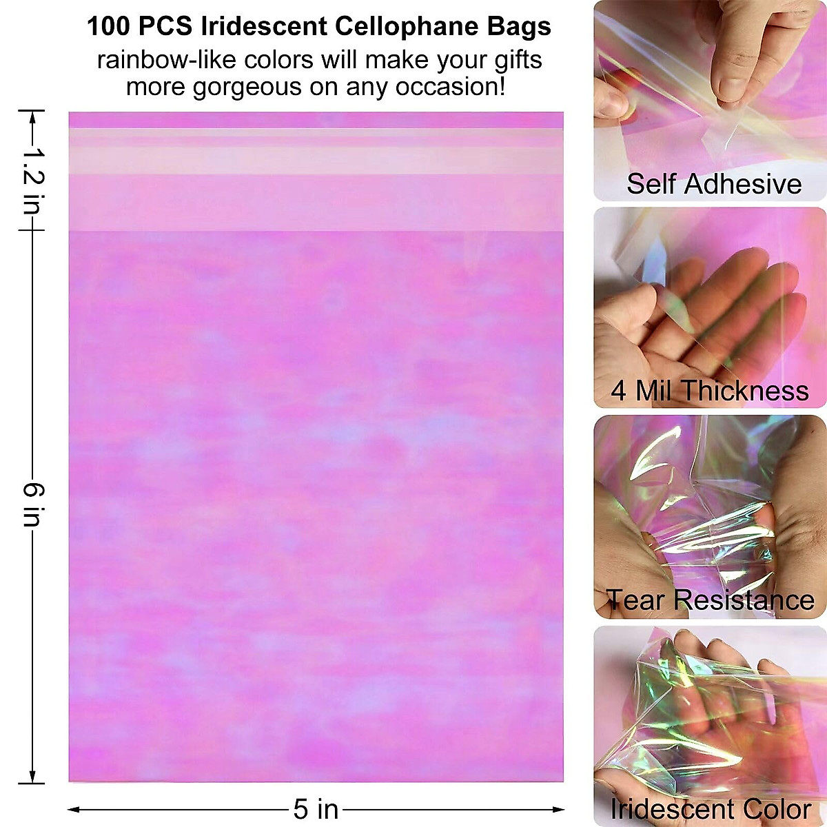 Self Sealing Iridescent Cellophane Bags 5x6 Inches 100 Pcs Individual Cookie Bags for Packaging Resealable Cellophane Treat Bags for Gift Giving Self Adhesive Clear Party Favor Bakery Candy Gift Bags