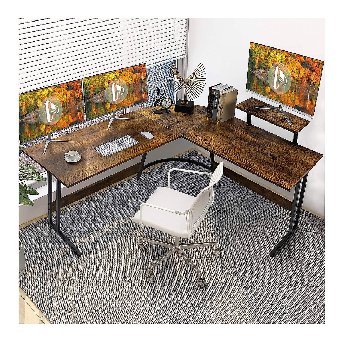 Escritorio en Forma de L, escritorio de esquina de oficina en casa, escritorio Grande para computadora de estudio con soporte de Monitor extraíble, Marrón