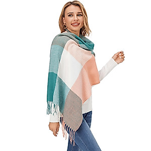 Fuinloth Women's Large Plaid Scarf Fashion Long Shawl Wrap for Winter Warm Lightweight Green Pink