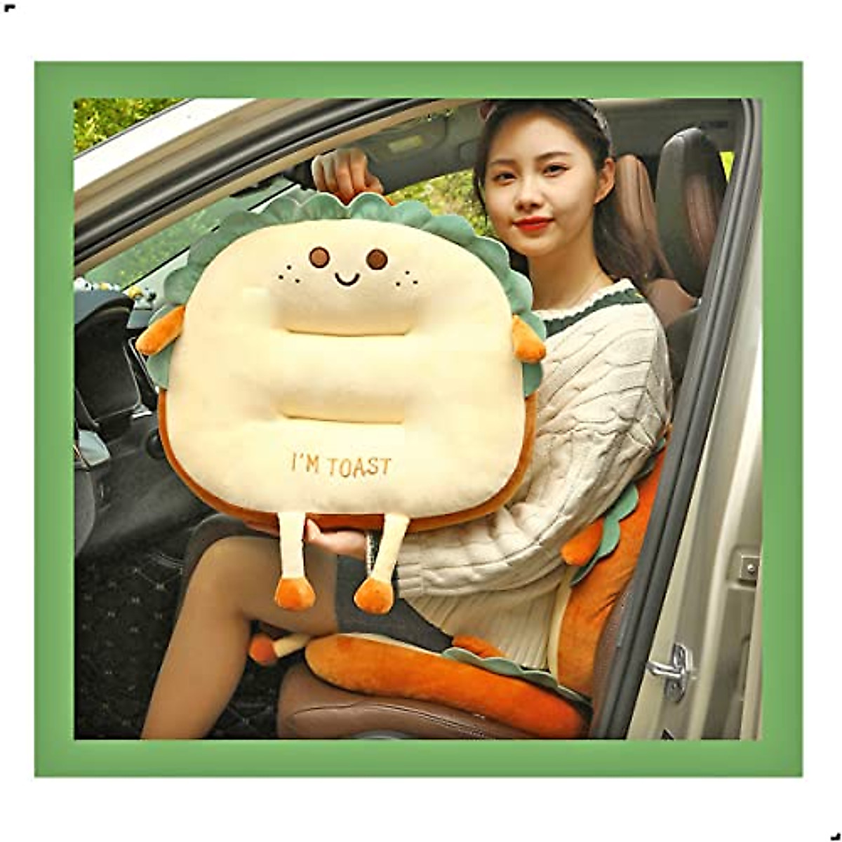 Cartoon Chair Cushion Toast Travel Pillow Nap Pillow Cute Plush Back Cushion Soft Washable Seat Cushion Pad for Car, Office and Home, Happy