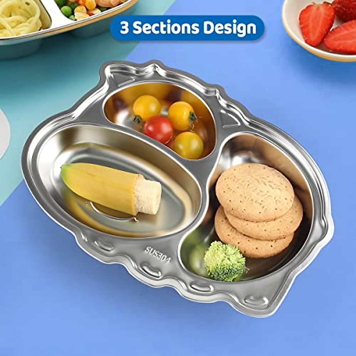 HOLIPOT 304 Stainless Steel Divided Plates, Food-Grade Toddlers Babies Kids Tray, 1300 Ml Toddler Plates with Suction, Self Feeding Training Kids Plates,Fits for Most High chairs Trays(Hippo)