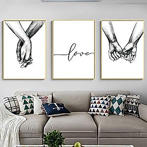 Kiddale Love and Hand in Hand Wall Art Canvas Print Poster,Simple Fashion Black and White Sketch Art Line Drawing Decor for Home Living Room Bedroom Office(Set of 3 Unframed, 16x20 inches)