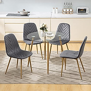 Nopurs Glass Dining Table Set for 4 - Modern Round Kitchen Dining Room Sets V-Shaped Upholstered Chairs with Metal Legs for Kitchen Dining Room Breakfast Nook, Dark Grey