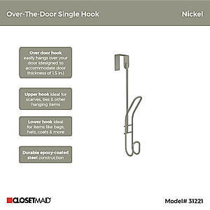 ClosetMaid Over The Door Hanger Rack with Hooks, for Hats, Scarves, Belts, Towels, Jackets, Nickel Finish