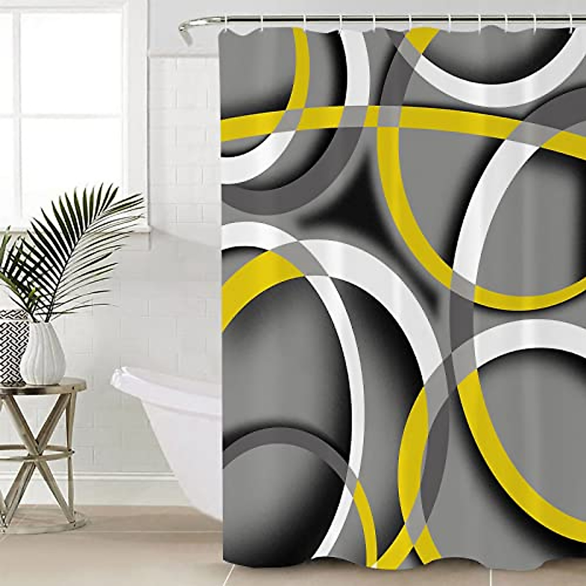 EwdeWwo Modern Art 4 Piece Shower Curtain Sets with Non-Slip Rugs, Toilet Lid Cover and Bath Mat, Yellow Gray and White Circle Abstract Geometric Shower Curtain with Hooks, Durable and Waterproof