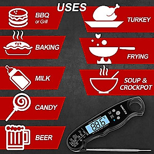KULUNER TP-01 Waterproof Digital Instant Read Meat Thermometer with 4.6” Folding Probe Backlight & Calibration Function for Cooking Food Candy, BBQ Grill, Liquids,Beef(Black)