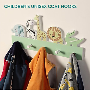 Navaris Kids Coat Hooks Rack - Wooden Hanger Rail with 5 Pegs - Wall Mounted Children's Coat Rack with 5 Hooks - Cute Animals Design