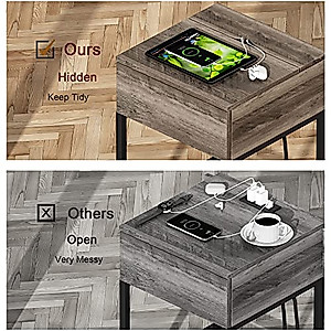 ChooChoo Nightstand with Charging Station and USB Ports, Rustic Side End Table with Drawer and Metal Shelf, Bedside Table for Small Spaces, Bedroom, Grey