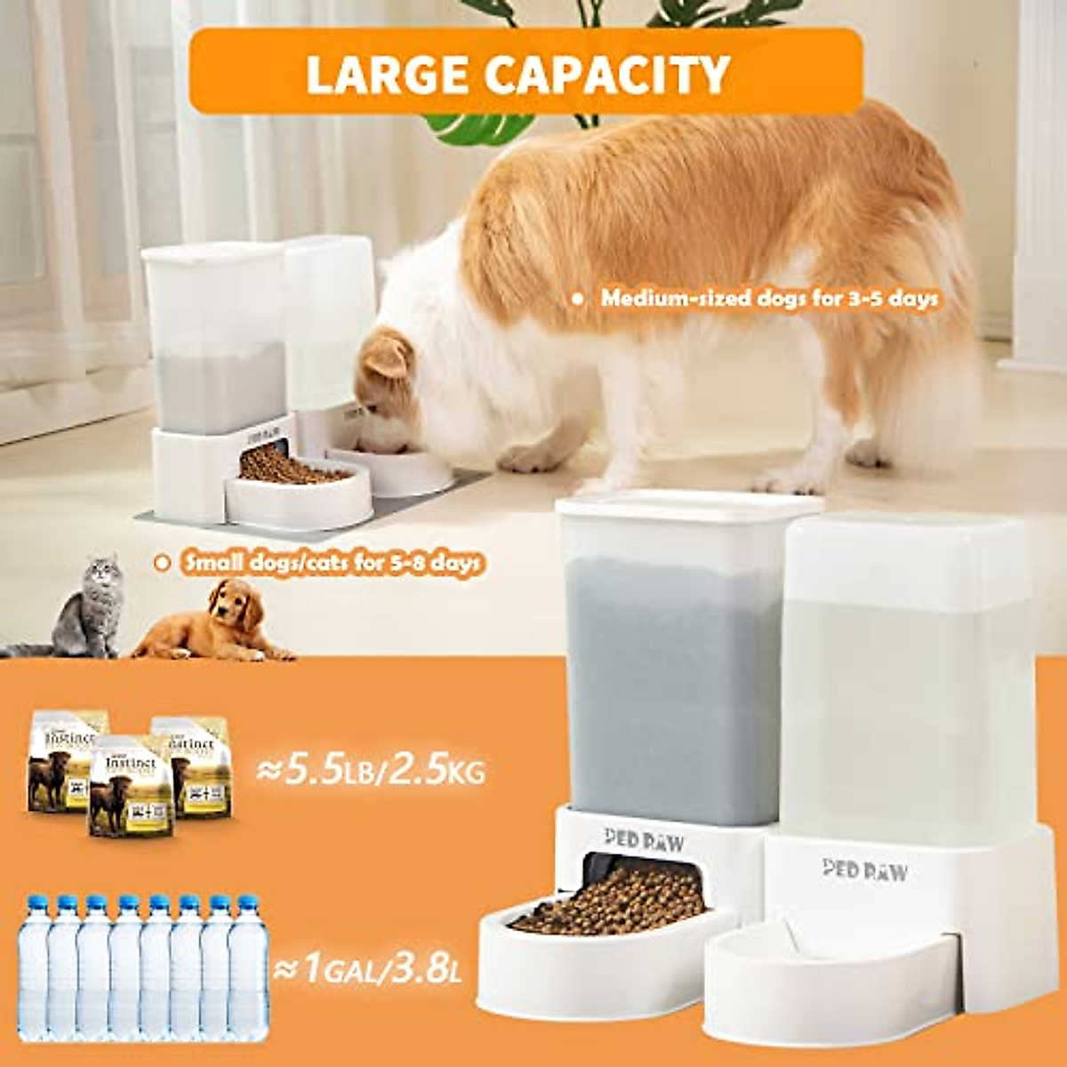 Automatic Food and Water Dispenser Set for Cat Dog, Gravity Auto Feeder Waterer Large Capacity 1 Gallon x 2 for Small Medium Large Pet with Mat