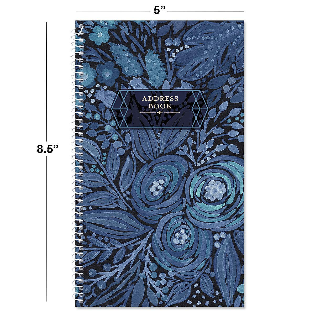 Navy Blossoms Address Book - 94 Pages; 5" x 8-1/2", Spiral-Bound, 50 Replacement Cover Stickers