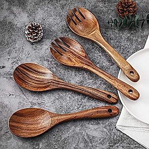4 Pieces 10.2 Inch Wood Salad Spoons Salad Servers Wooden Serving Spoons and Long Wood Serving Forks Non-Stick Teak Wooden Salad Server Tools for Kitchen Restaurant Salad Gravies Pasta, Easy to Clean