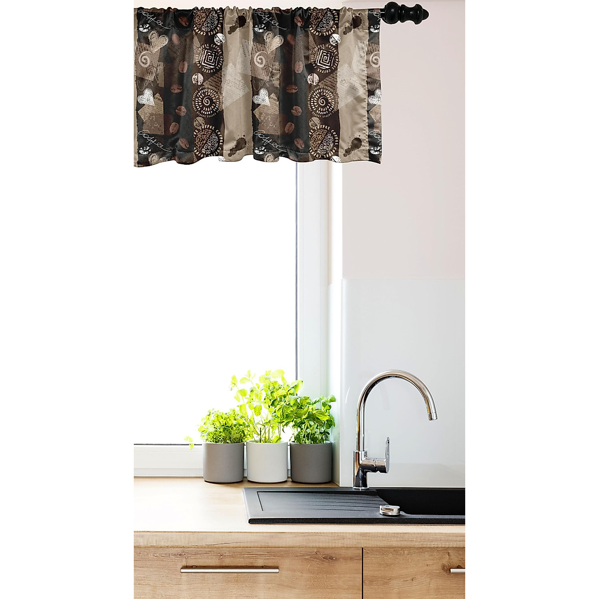 Ambesonne Brown Window Valance, Coffee Typography Hearts and Beans on Abstract Striped Grungy Backdrop in Brown Tones, Curtain Valance for Kitchen Bedroom Decor with Rod Pocket, 42" x 18", Brown