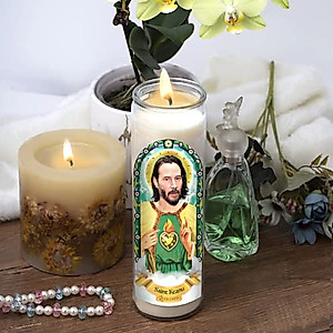 LitFriends Saint Keanu Reeves Celebrity Prayer Candle: Non Scented | 8 inch Glass Prayer Votive - 100% Handmade in USA | Funny Gift Idea