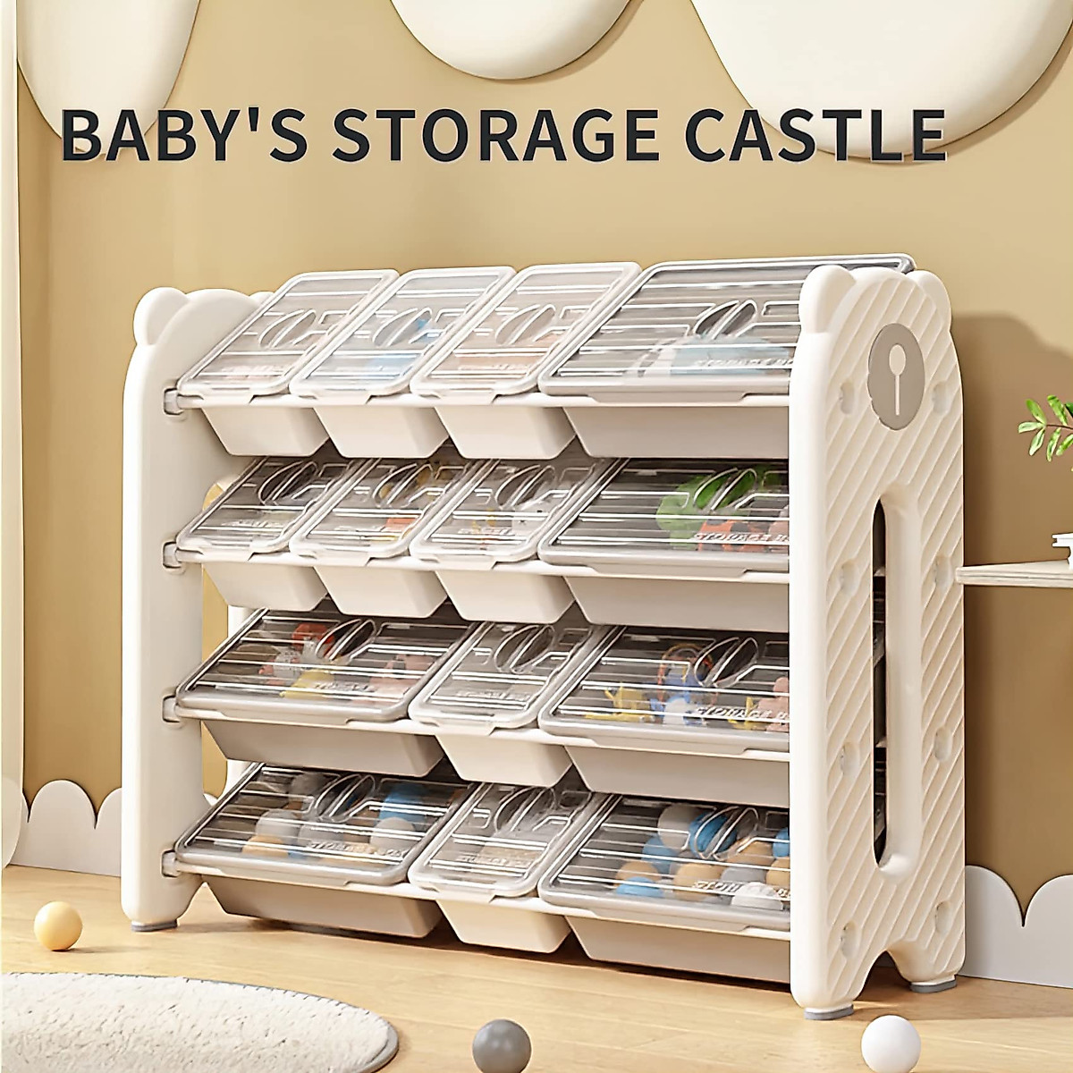 UNICOO Kids Baby Bear Toy Organizer Rack, 14 Bins with Dustproof Storage Cover for Baby Essentials, Kids Toy Box & Toy Bins 4 Tier Large Size (Bear Organizer White)