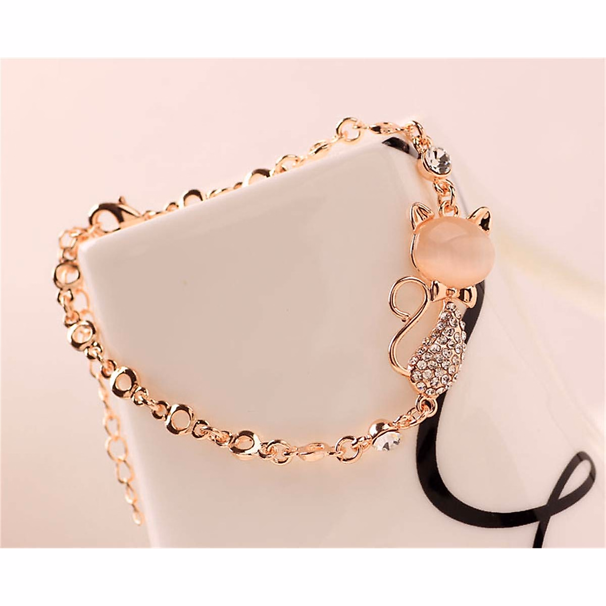 HELPFLOWER CH01 925 Plated Sterling Diamond Bracelet Cat Adjustable Bracelets with Chain Unique Jewelry Present for Women