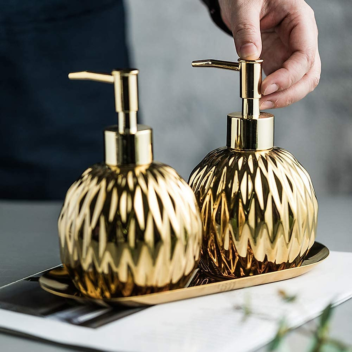 Pump Bottle,Soap Dispenser,Bathroom Hand Sanitizer Bottle, Shampoo and Shower Gel Separate Bottles, Suitable for Bathroom Hotel Clubs, with Tray, Gold, Silver, 400ml (Color : 2*