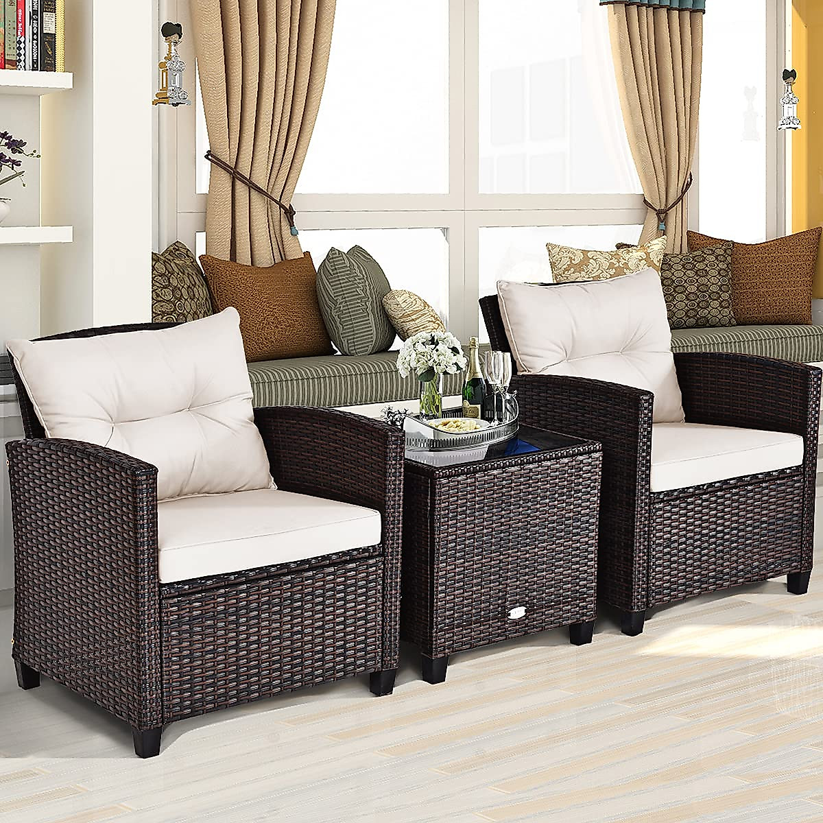 Tangkula 3 Pieces Patio Furniture Set, PE Rattan Wicker 3 Pcs Outdoor Sofa Set w/Washable Cushion and Tempered Glass Tabletop, Conversation Furniture for Garden Poolside Balcony (White)