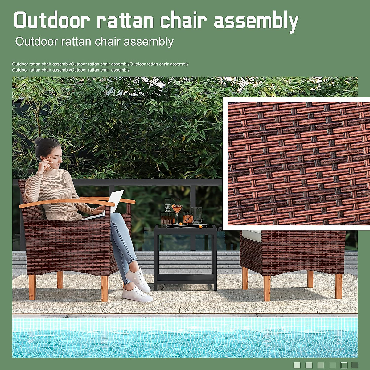 ARTBUSKE Outdoor Patio Furniture Set with Coffee Table 3 Piece Patio Conversation Sets Wicker Patio Set for 2 Outdoor Furniture Sets for Yard Backyard Lawn Porch Poolside Balcony, Brown