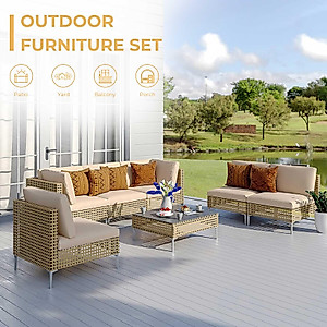 Grand patio 7-Piece Wicker Patio Furniture Set, Boho Outdoor Conversation Set Sectional Sofa with Water Resistant Thick Cushions and Coffee Table, Beige