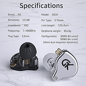 GK GS10 in-Ear Earphones Wired, Wired Earbuds, HiFi Professional Stereo Deep Bass Noise Isolating Sport IEM Earbuds with Detachable Cables No Mic