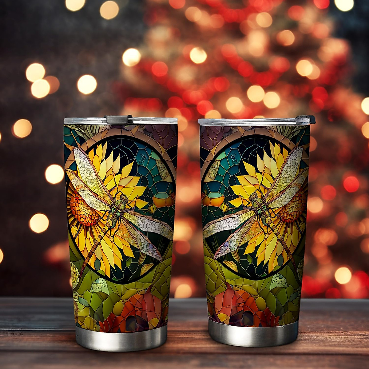 ORCAE 20oz Yellow Stained Glass Sunflower Dragonfly Tumbler, Gifts for Dragonfly Lovers, Coffee Thermos for Women, Stainless Steel Double Wall Vacuum Insulated Coffee Mug, Travel Cup with Lid - F