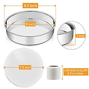 TeamFar 8 Inch Cake Pan Set of 3, Round Cake Pan Stainless Steel Round Baking Pan with 90 Pcs Round Parchment Papers & Parchment Paper Side Liner Roll(1.85 Inch × 111.5Ft), Healthy & Dishwasher Safe