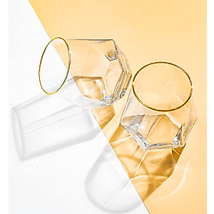 Diamond Wine Glass Set of 2, Modern Stemless Golden Edge Glass Cups Drinking Glassware for Serving Party,Home,Bar, Restaurants Transparent