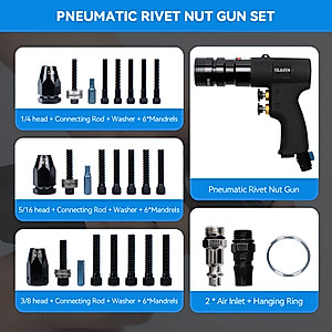 TOJIZEN Pneumatic Rivet Nut Gun Kit - 1/4, 5/16 & 3/8 inch Gun Heads - Air Powered Rivet Nut Tool Set for Rivnut, Threaded Insert, and More - Professional Air Riveter and Riv Nut Tool