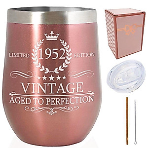1952 72nd Birthday Presents for Women/Men |Vintage Aged to Perfection Insulated Stainless Steel Tumbler/Coffee Cup/Mug/Wine Glass w/Lid & Straw/Funny Anniversary Ideas (12 oz, 1952 Rose Gold)