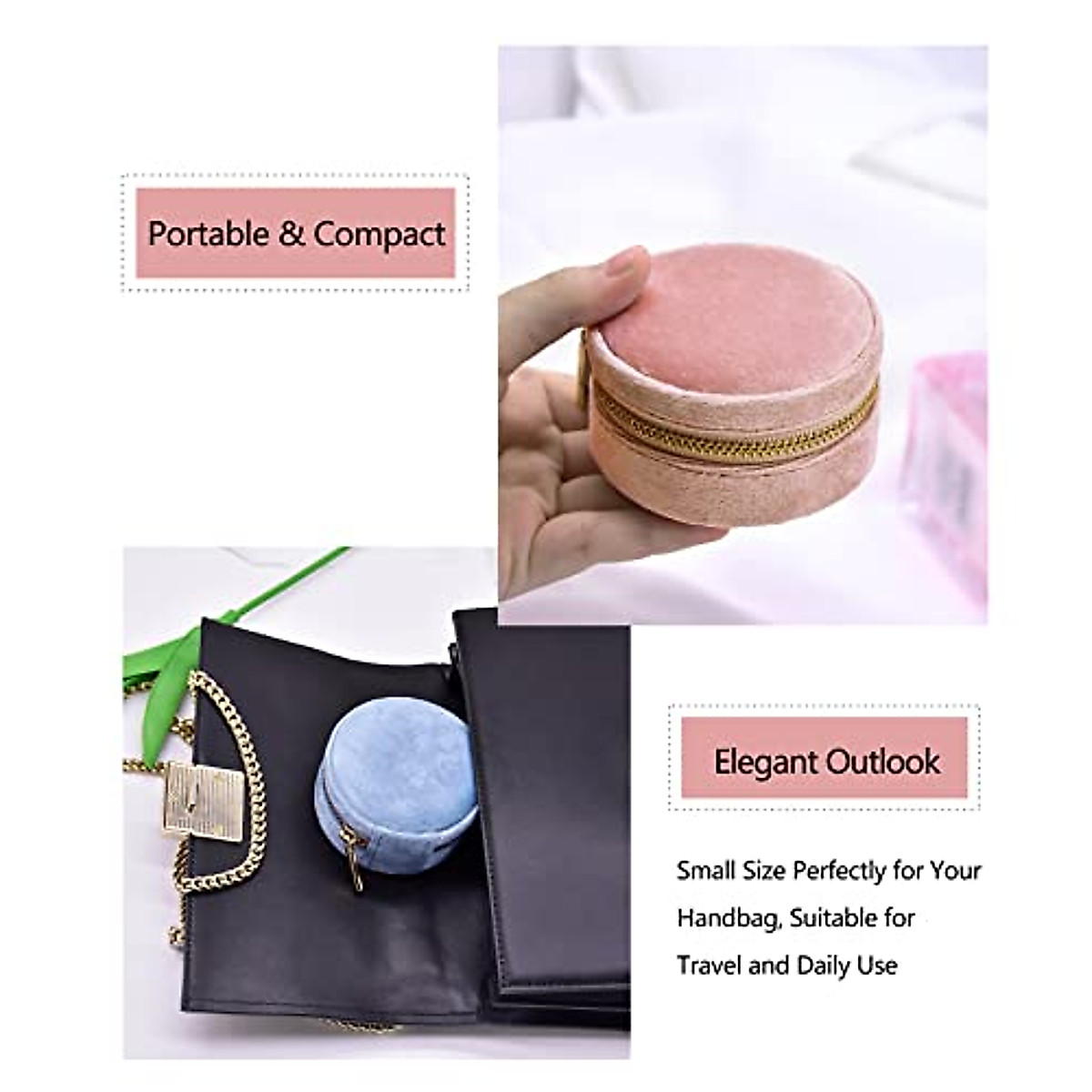TAIMY Velvet Travel Jewelry Box, Round Small Travel Jewelry Case for Women Girls, Portable Mini Jewelry Travel Organizer Boxes for Rings Earrings Necklaces Bracelets(Blush Peach)
