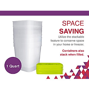 Arrow Home Products 1 Quart Freezer Food Storage Containers with Lids, 6 Pack - USA Made Reusable Freezer Containers for Food Storage - Prep, Store, Freeze - BPA Free, Dishwasher Safe, Durable