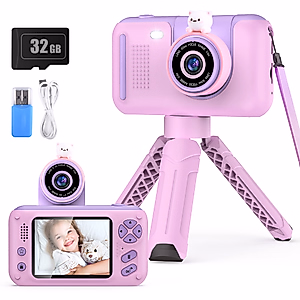 PURULU Upgraded Real 1080P Kids Camera with Flip-up Lens for Selfie & Video, 32GB SD Card Included, 2.4" Screen Camera Toy for 4-12 Years Old Girls Boys on Birthday Party as Gift, Pink