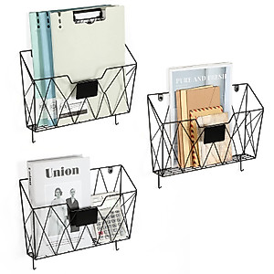 Hanging Wall File Holder Wall Mount Metal Wall File Organizer 3 Pockets Mail Organizer with Hooks for Office Home,Black
